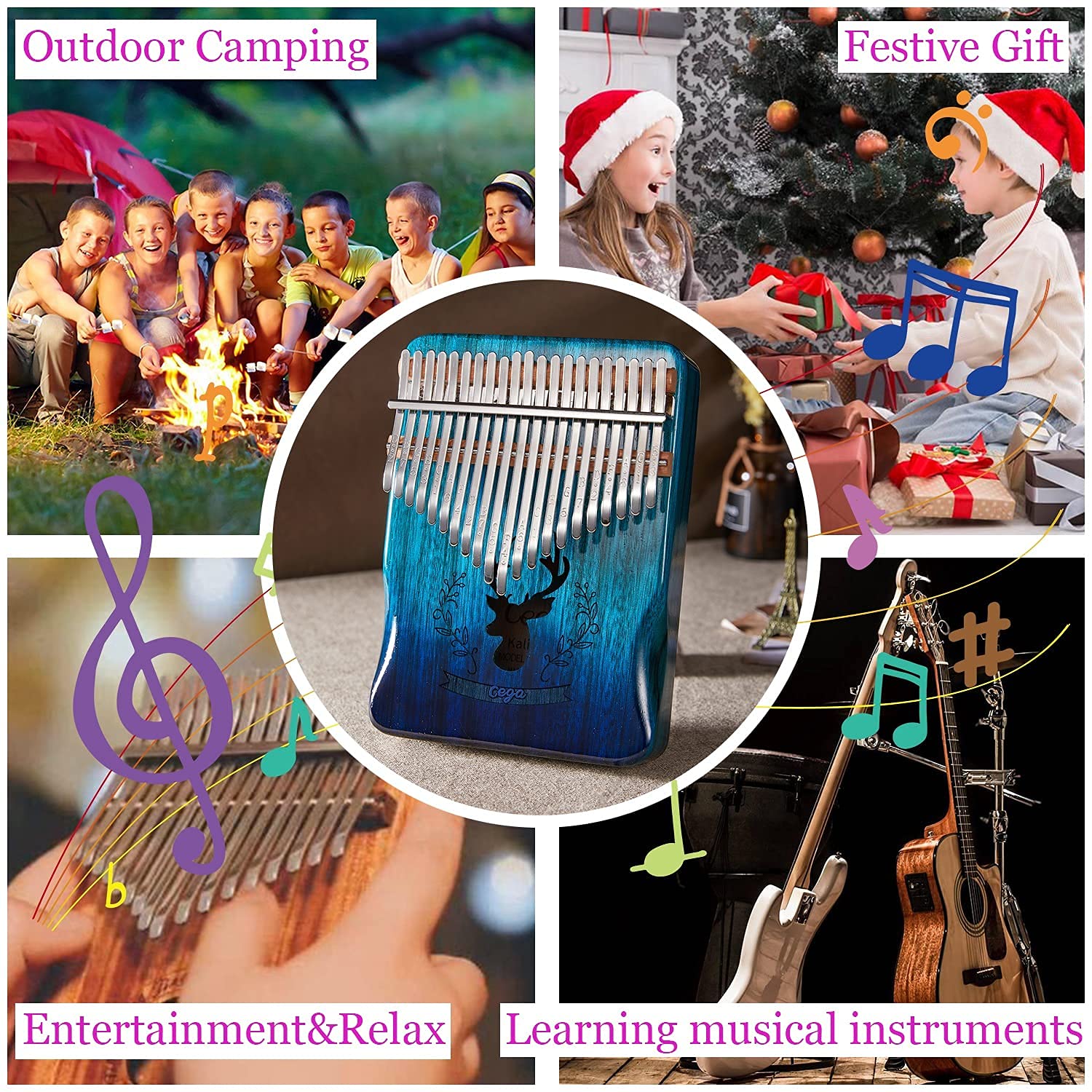 TienClef Kalimba Thumb Piano 21 Keys with Engraved Notes Deer Pattern Handhold Cute Finger Zebrawood Solid Wood Portable Musical Instrument Music Book for Kids Adult Beginner (Gradual Blue)