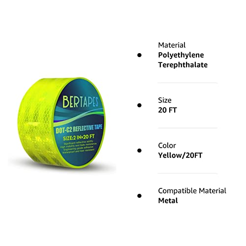 BERTAPES Yellow Reflective Tape,DOT-C2 Outdoor Safety Tape,High Viscosity, Waterproof, Fade Resistant,Durable,Reflector Conspicuity,Weather and Moisture Resistant,2 in × 20 FT