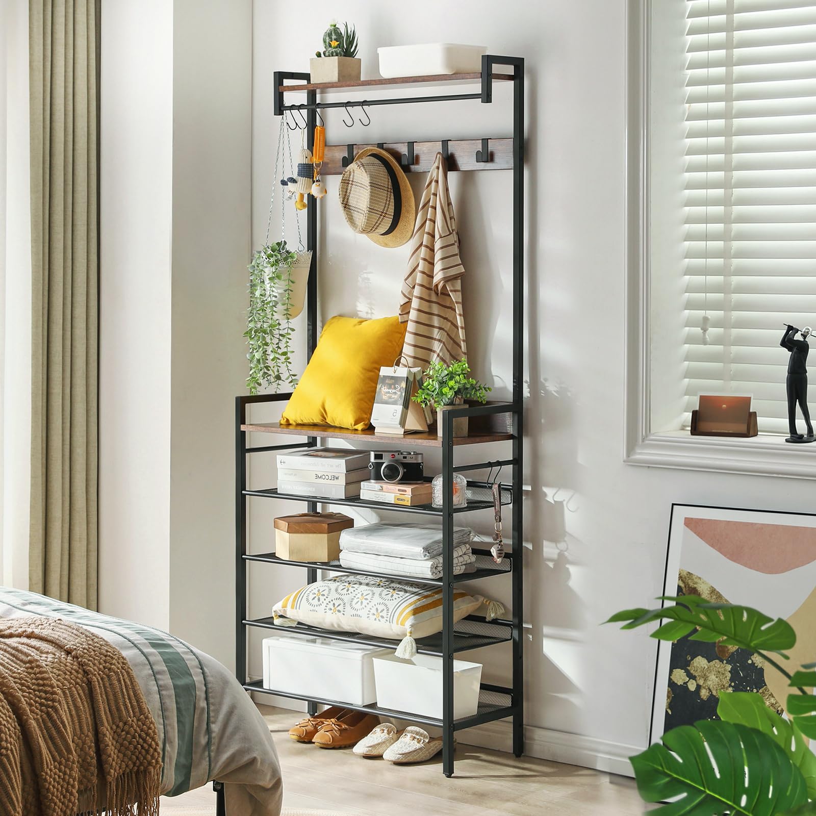 IBUYKE Coat Rack Shoe Rack, 4 in 1 Multi-Function Hall Tree with Slant Adjustable Shoe Storage, 5-Tier Storage Shelf and 9 Hooks Removable, Industrial Accent Furniture for Entryway, UTXJ008H
