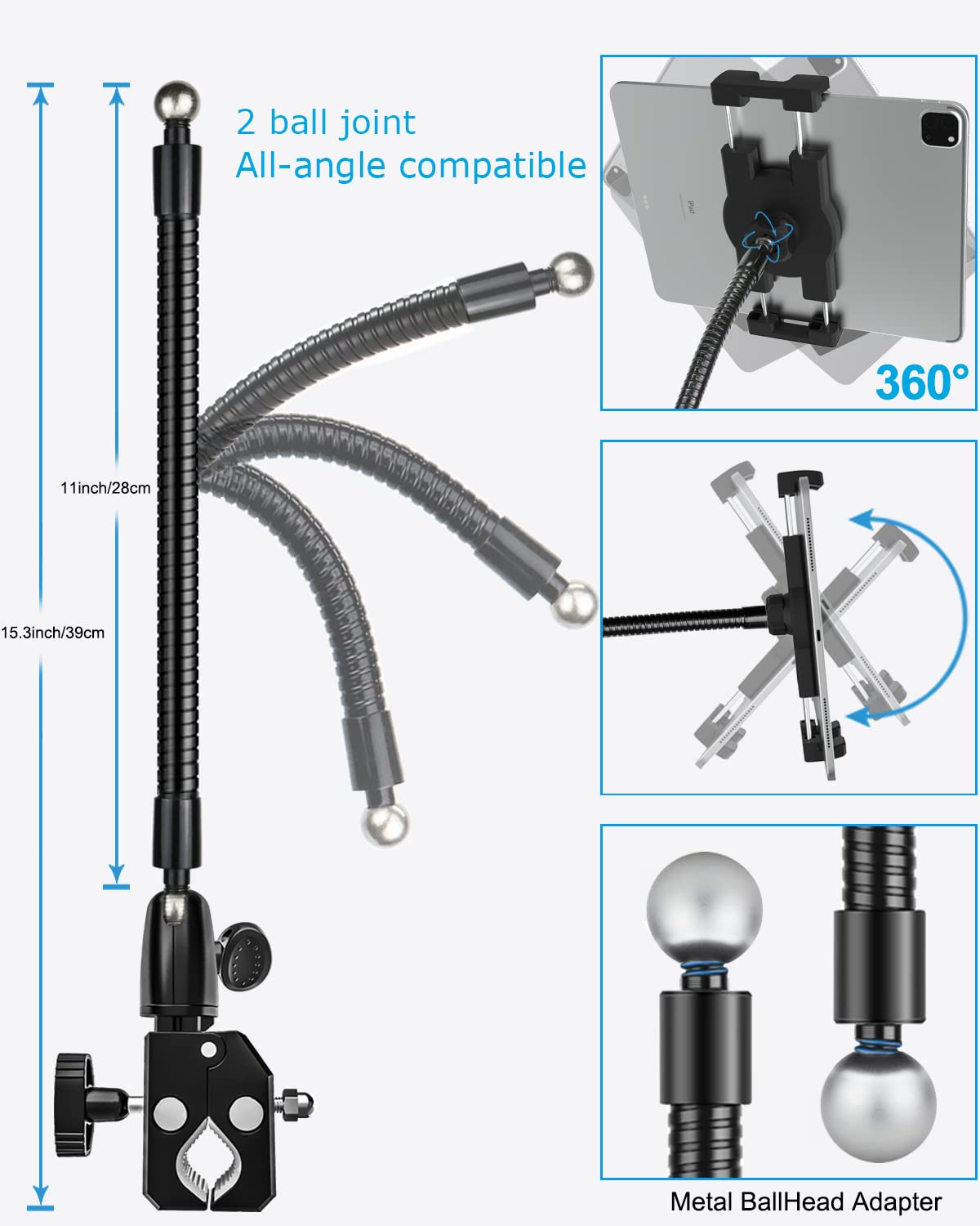 Gooseneck Tablet Mic Stand, woleyi Phone iPad Holder for Microphone Stand [Metal Arm Clamp] 360° Swivel Tablets Music Mount, Compatible with iPad Pro 12.9 Air Mini, iPhone, Galaxy Tabs, 4-13" Devices
