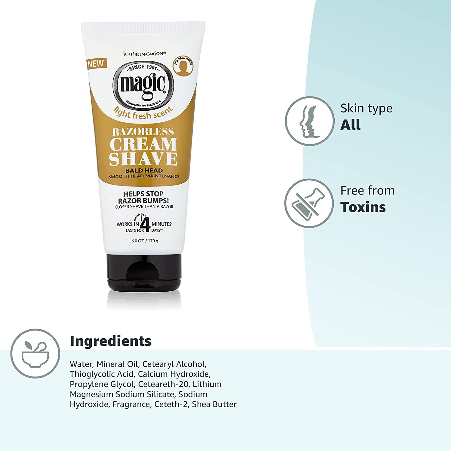 Magic Razorless Cream Shave, Bald Head Smooth Head Maintenance, Light Fresh Scent 6 oz