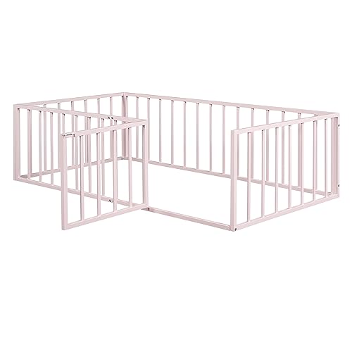DNYN Twin Size Metal Floor Bed Frame with Door for Kids Bedroom,Metal Struture Bedframe w/Fence,No Box Spring Needed,77" x 41.1"x 21.7"H, Pink