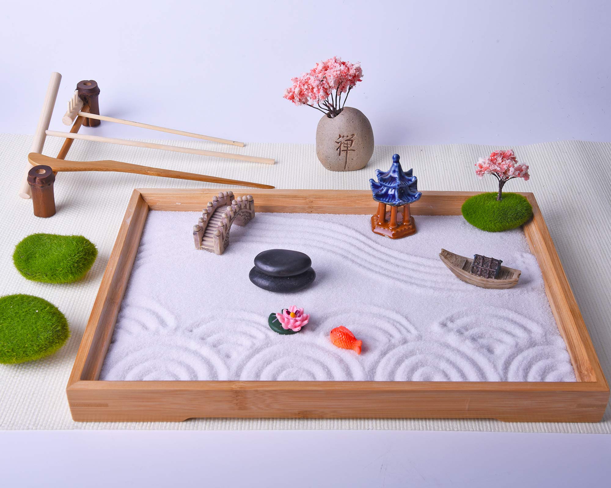 Japanese Zen Garden - Home & Office Desk Mini Garden with Rock Vase Fish Bridge Boat Cherry Trees - Meditation Gift Set for Relaxation - 3 Rake Tools and Zen Accessories (Rectangular)