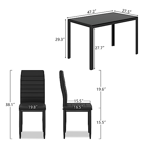 AWQM 5 Piece Kitchen Table Set,Dining Table Set for 4,Tempered Glass Table Top and 4 Faux Leather Chairs,for Dining Room,Kitchen,Apartment,Small Space,Black