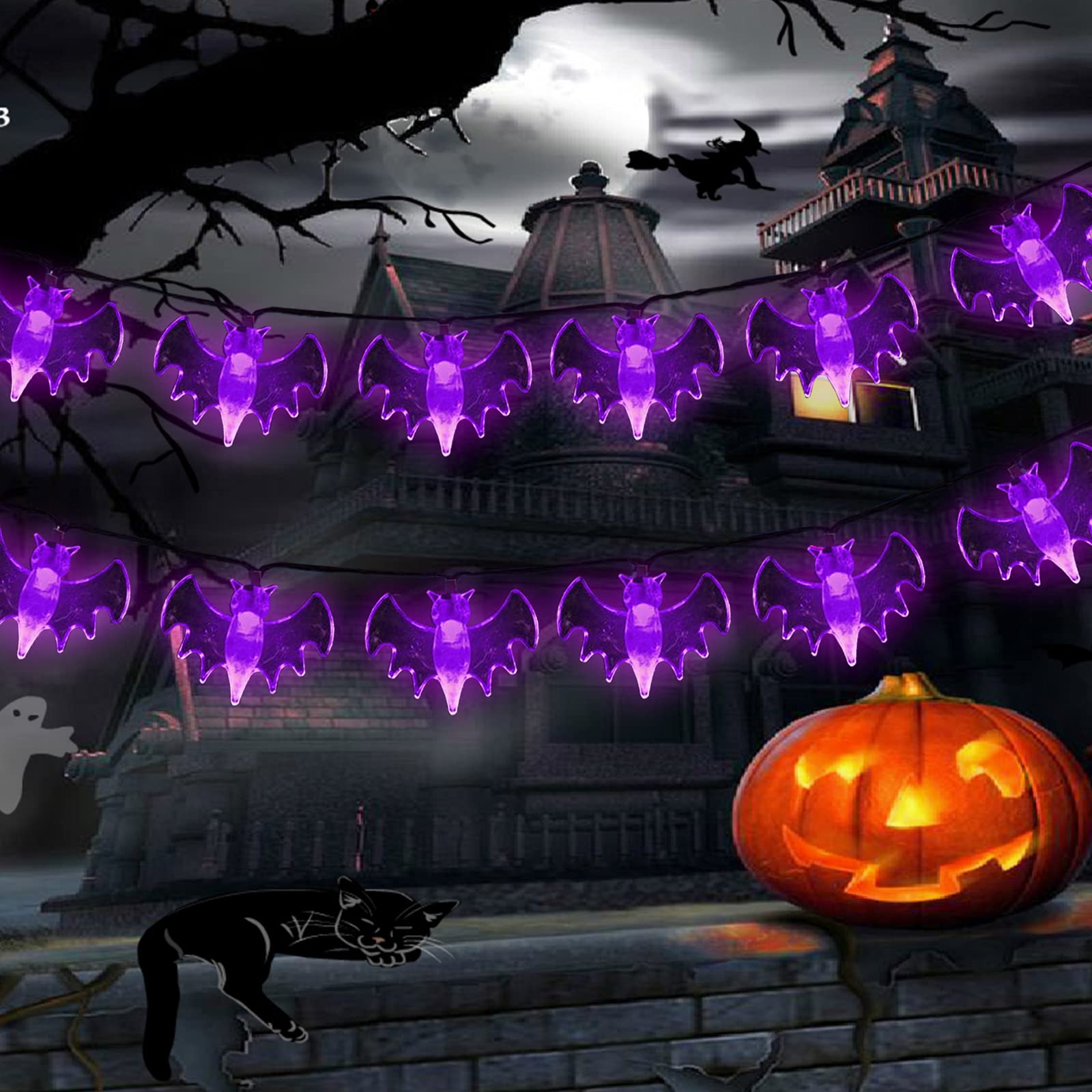 Ausein Halloween Decoration Bat String Lights, 2 Pcak Battery Operated Halloween Light, 9.8ft Total 40 LED Outdoor Decorative Lights for Halloween Christmas Decoration (Purple Light)