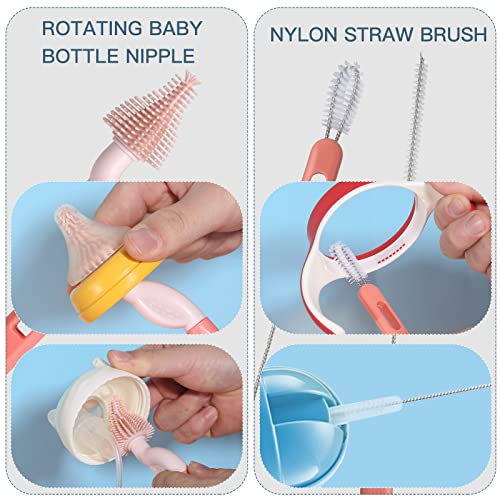 Baby Bottle Brush and Drying Rack, VOOWO Rotating Silicone Bottle Brush with Long Handle, Bottle Drying Rack with Bottle Cleaner Brush & Nipple & Straw Cleaner (Pink Rotating Brush & Drying Rack)