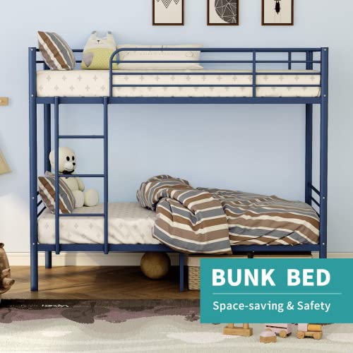 Alohappy Bunk Bed Twin Over Twin,Heavy Duty Metal Twin Bunk Beds Frame with Removable Ladder,No Box Spring Needed,Space-Saving,Easy to Climb,Urban Industrial Style(Dark Blue)