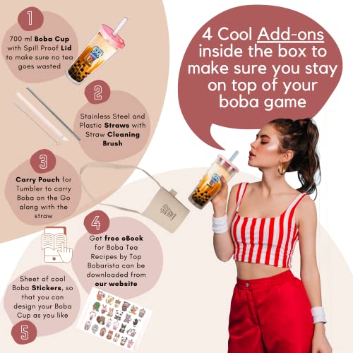 EleBoba Reusable Boba Cup with Lid and Straws - Leak Proof Tumbler for Bubble Tea and Smoothies - 24oz/700ml - Carry Pouch, Stickers, 2x Straws, Cleaning Brush, Cute Boba Cup, Kawaii Boba Cup