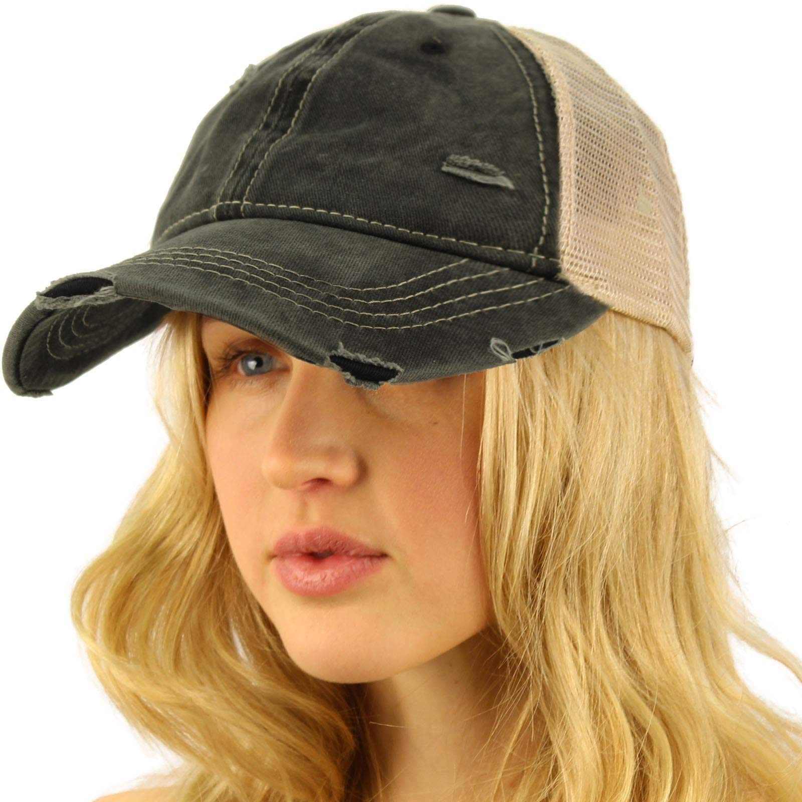 C.C Exclusives Washed Distressed Cotton Denim Criss-Cross Ponytail Hat Baseball Cap Bundle Hair Tie (BT-933) (A Crossed Elastic Band(Tie-dye)-Star Black)