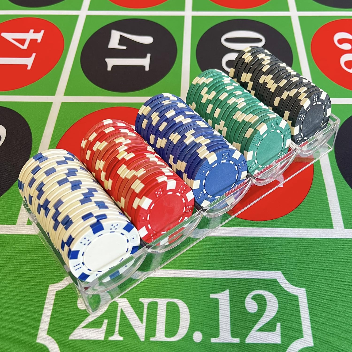 SEETOOOGAMES 100 Pieces 11.5g Clay Composite Dice Striped Casino Poker Chips- 4 Colors (red, Green, White and Blue)