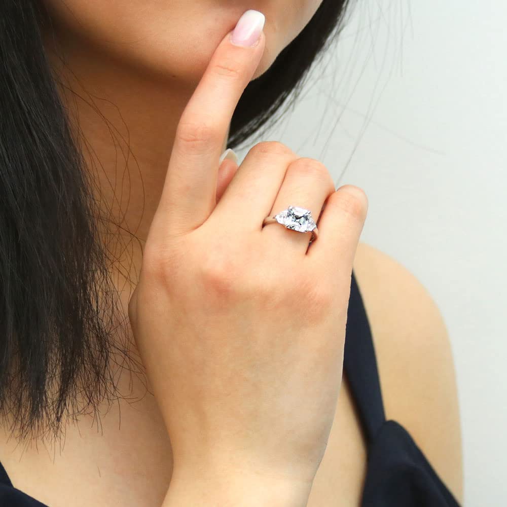 BERRICLE Sterling Silver 3-Stone Wedding Engagement Rings Asscher Cut Cubic Zirconia CZ Ring for Women, Rhodium Plated Size 8