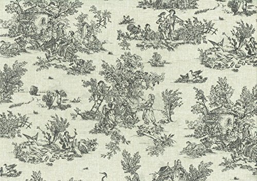 Textiles francais Mini Toile de Jouy Fabric (La Vie Rustique) - Anthracite Grey on a Soft, Linen-Look Base Cloth | 100% Cotton Designer Print | 61 inches Wide | Per Yard Length Increment