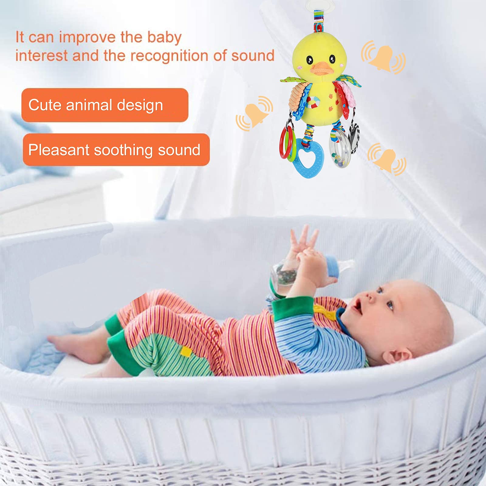 Funsland 3 Pack Stroller Toys - Car Seat Toys for Infants with Teether Hanging Toys - Butterfly + Birdie + Duck