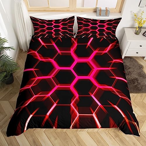 Erosebridal Honeycomb Bedding Set for Girls,Red Pink 3D Beehive Comforter Cover,Geometric Hexagon Duvet Cover,Glowing Glitter Neon Lights Bed Sets Full Chic Simplistic Style Bedroom Decor Black