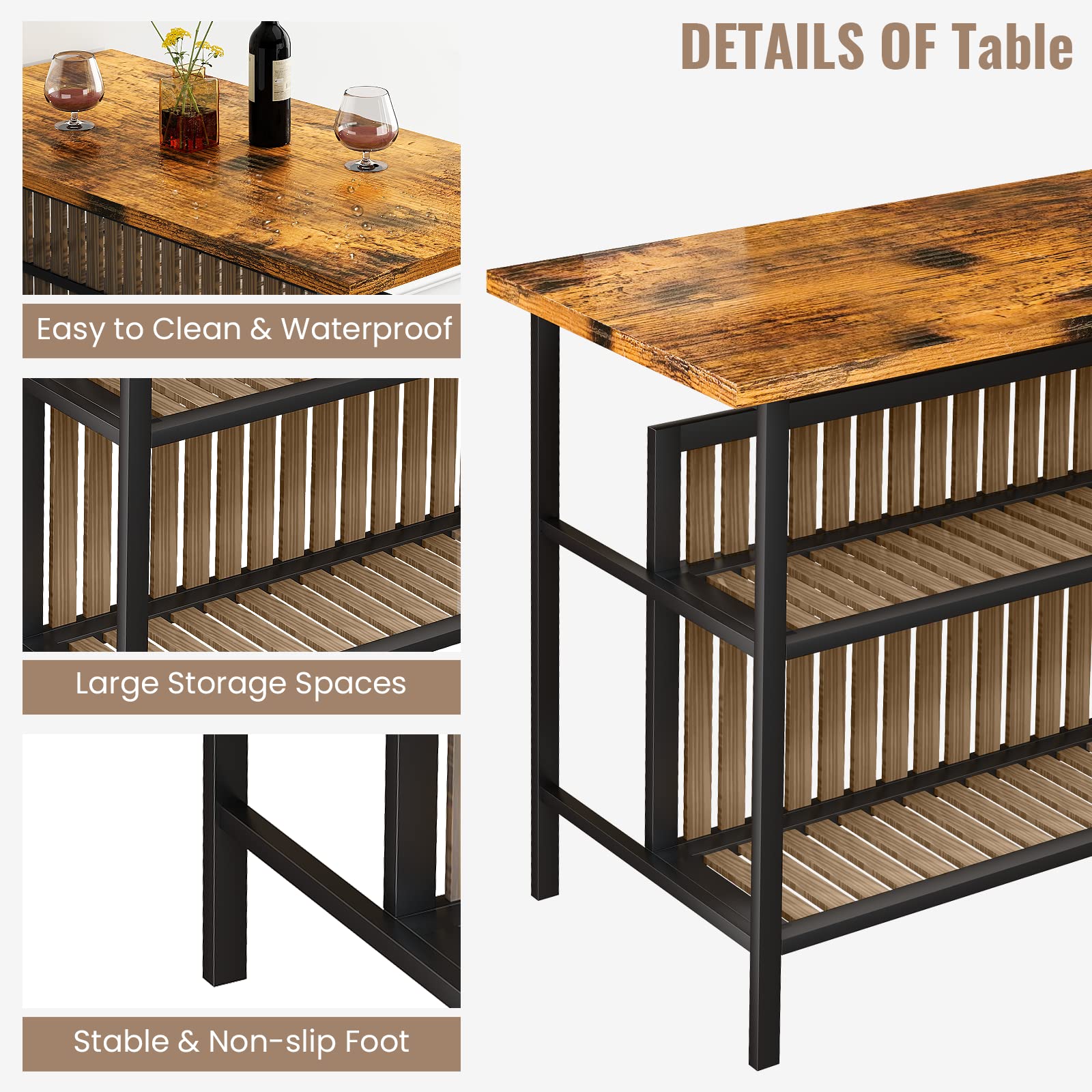 AWQM Kitchen Island with Seating, Wooden Counter Height Table with Storage Kitchen Table Set for 2, Pub Table Bar Table Set, 3 Piece Dining Table Set for Small Space,Walnut