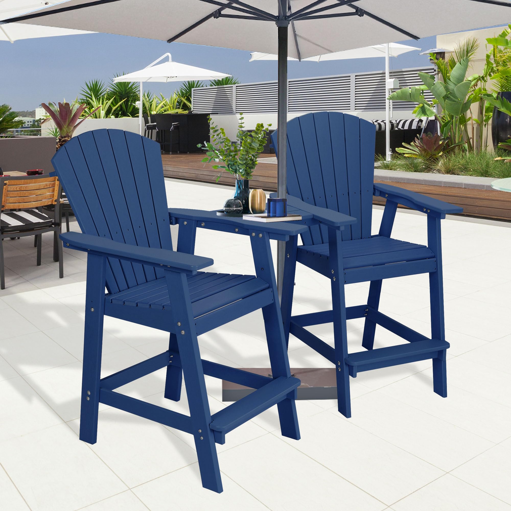 VSMKSJ Outdoor HDPE Adirondack Bar Stools, Tall Adirondack Chairs Set of 2, Navy Blue