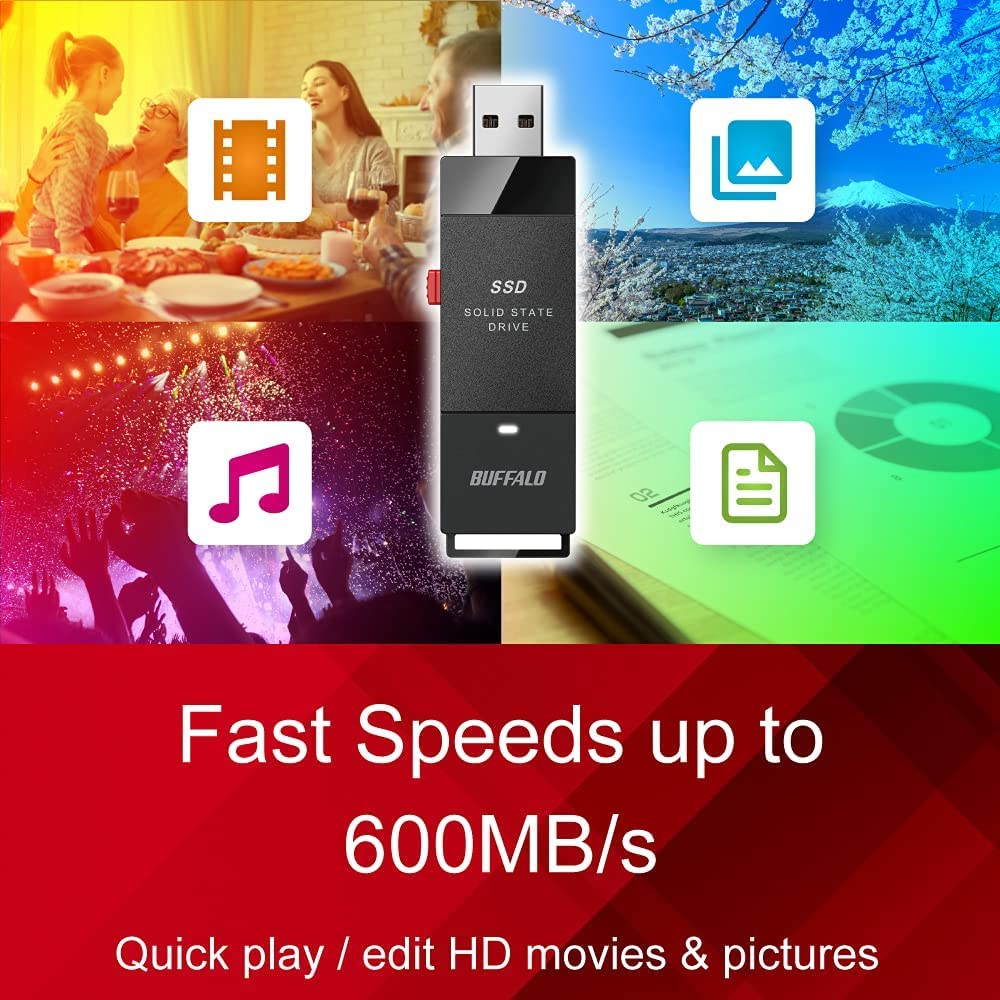 BUFFALO External SSD 1TB - Up to 600MB/s - USB-C - USB-A - USB 3.2 Gen 2 (Compatible with PS4 / PS5 / Windows/Mac) - External Solid State Drive Stick - SSD-PUT1.0U3B