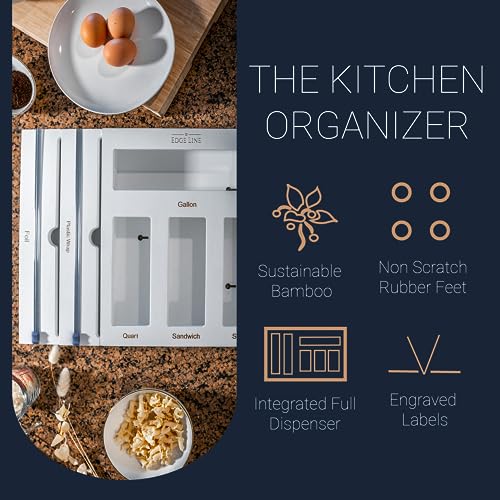 EDGE LINE White Bamboo Ziplock 6 Slot Storage Organizer - Food Storage Bags Organizer with 3 Doors - Kitchen Plastic Bags Storage - Gallon, Quart, Sandwich, Snack, Plastic Wrap, and Aluminum Foil