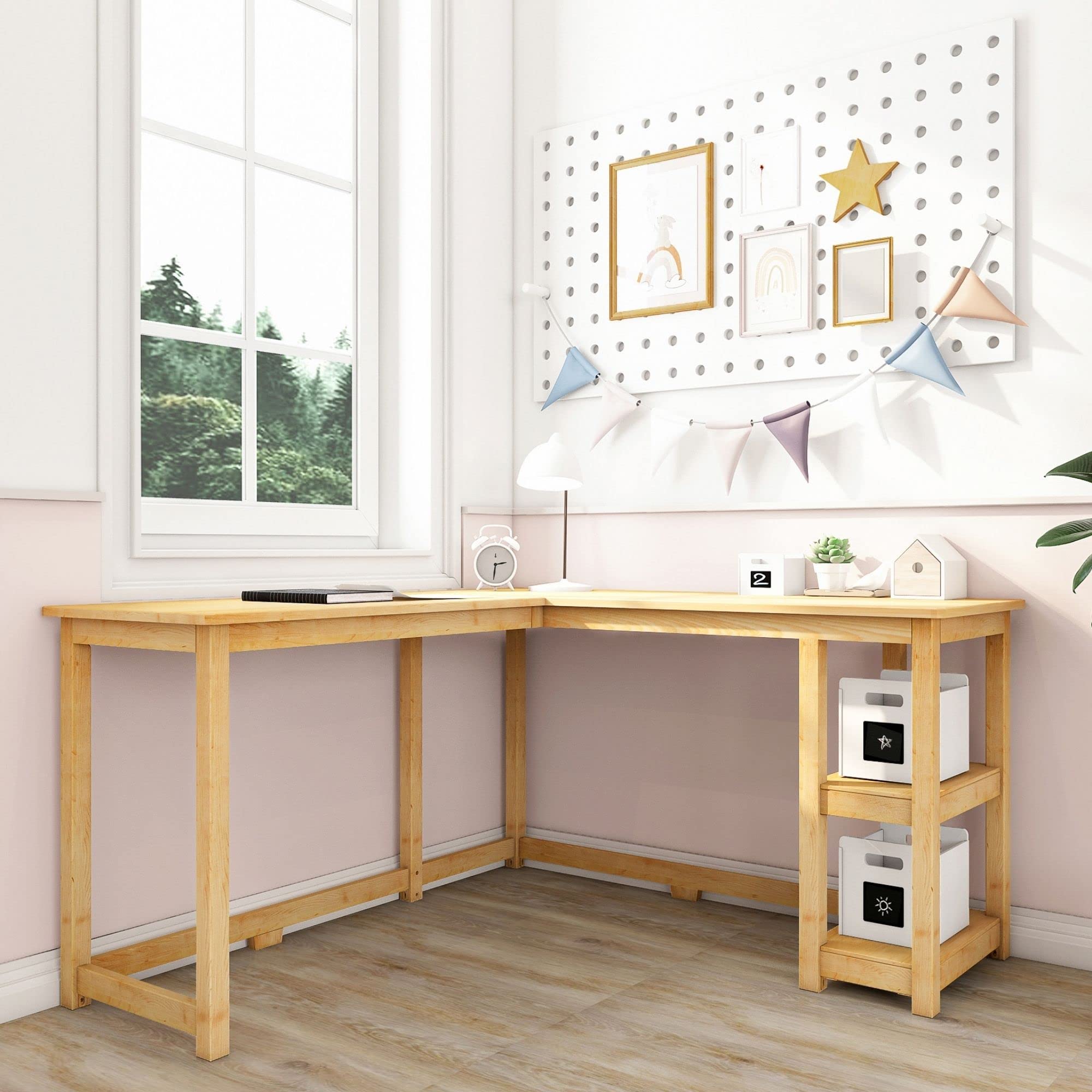 Max & Lily L Shaped Desk, Corner Desk for Home Office, Gaming, Computer with Storage Shelves, 55 x 55 Inches, Natural