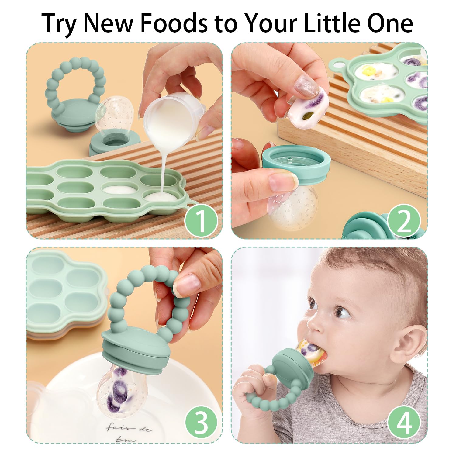 Baby Breastmilk Popsicle Molds with Fruit Food Feeder Set,Silicone Breastmilk Freezer Trays for Teething,Food Storage and Self Feeding,Include 6 Feeder Pacifier,BPA-Free