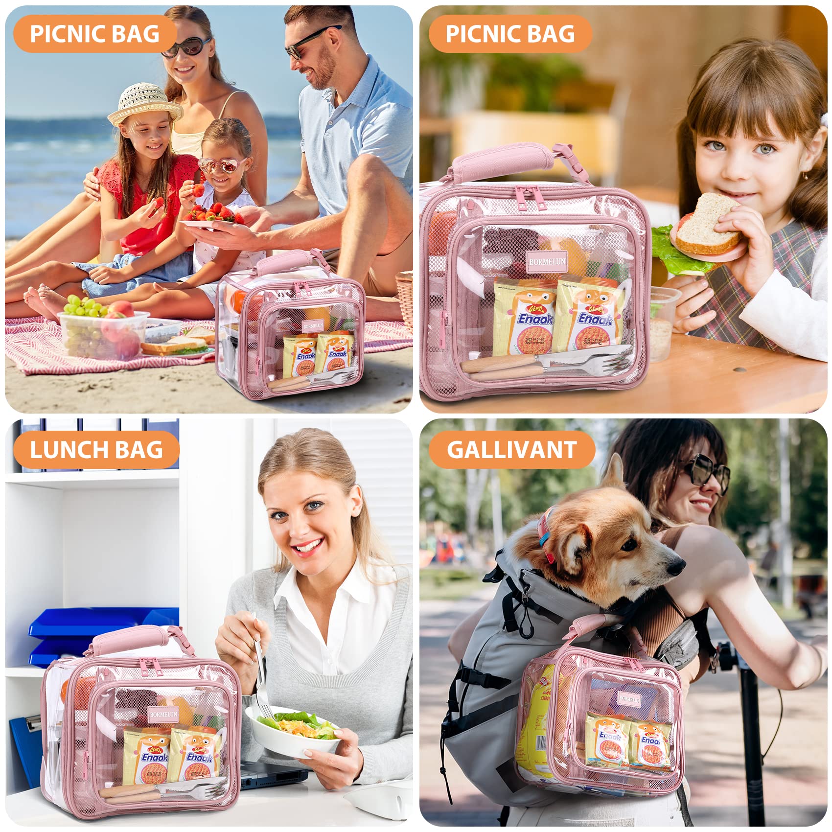 BORMELUN ® Large Pink Clear Lunch Bags for Girls,See Through Plastic Lunch Box,Tote Handle for Women,Office,School Picnic(11x9x6 inches)