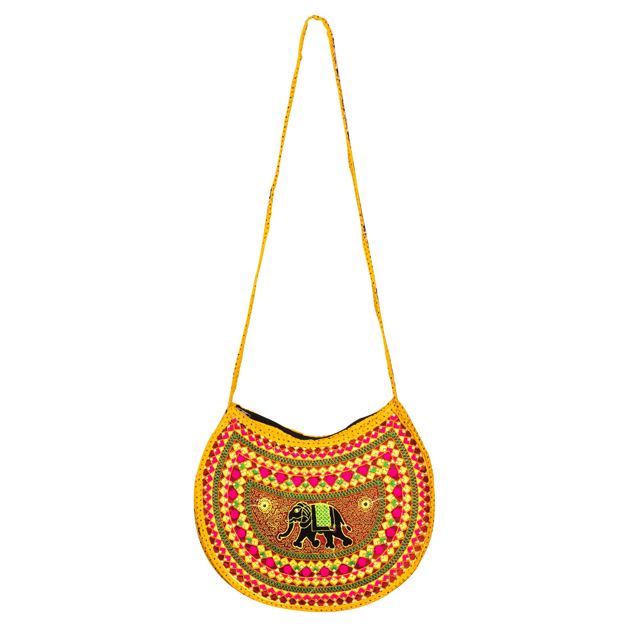 North Creed Crossbody Elephant Flora Embroidery Shoulder Bag, Indian Ethnic Travel Handbag with Zipper Pocket- Yellow