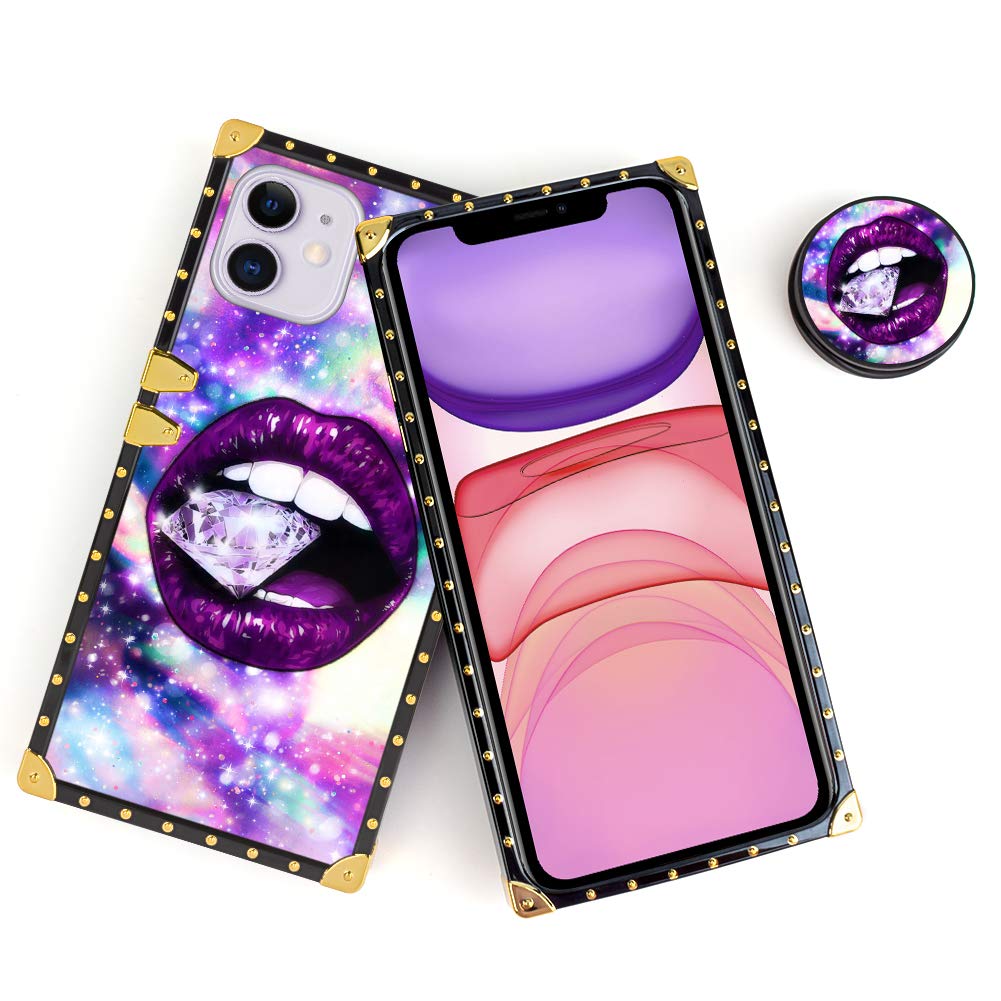 BITOBE Luxury Square Phone Case iPhone 11 with Stand 6.1 Inch 2019 Retro Elegant Soft TPU Design Cover for Women Girls with Ring Holder Kickstand (Purple Galaxy Diamond Lips)