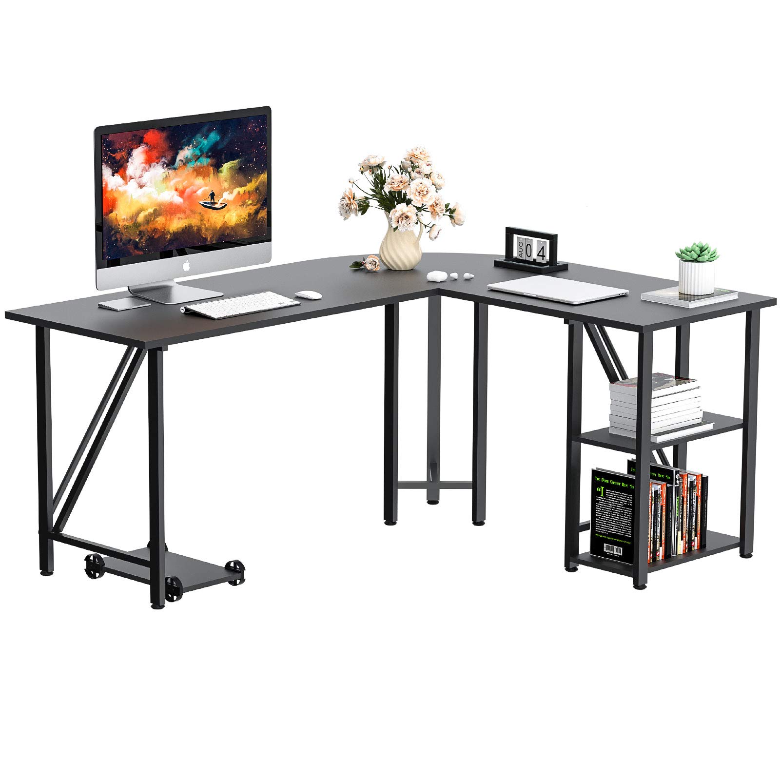 Bizzoelife 59"x55" Large L Shaped Corner Table Computer Desk, Home Office PC Laptop Gaming Desks with CPU Stand and Storage Shelf, Wood & Steel Study Writing Workstation for Space-Saving (All Rustic)