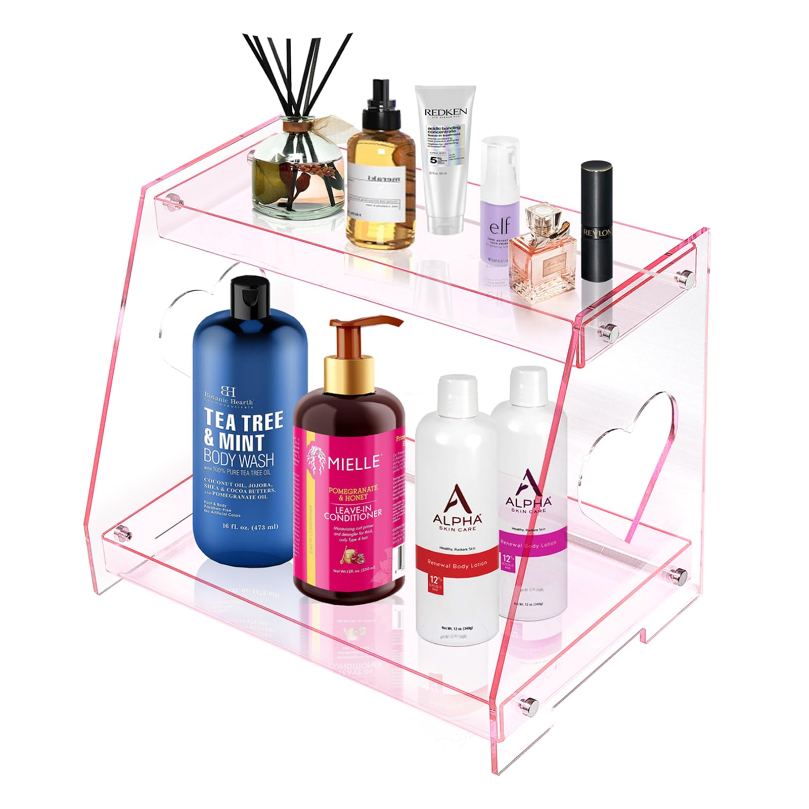 ROYALITA 2 Tier Pink Heart Bathroom Countertop Organizer Display Shelf, Acrylic Tray Vanity Perfume Storage Skincare Organizer for Counter, Cute Bathroom Sink Cosmetic Organizer Shelf