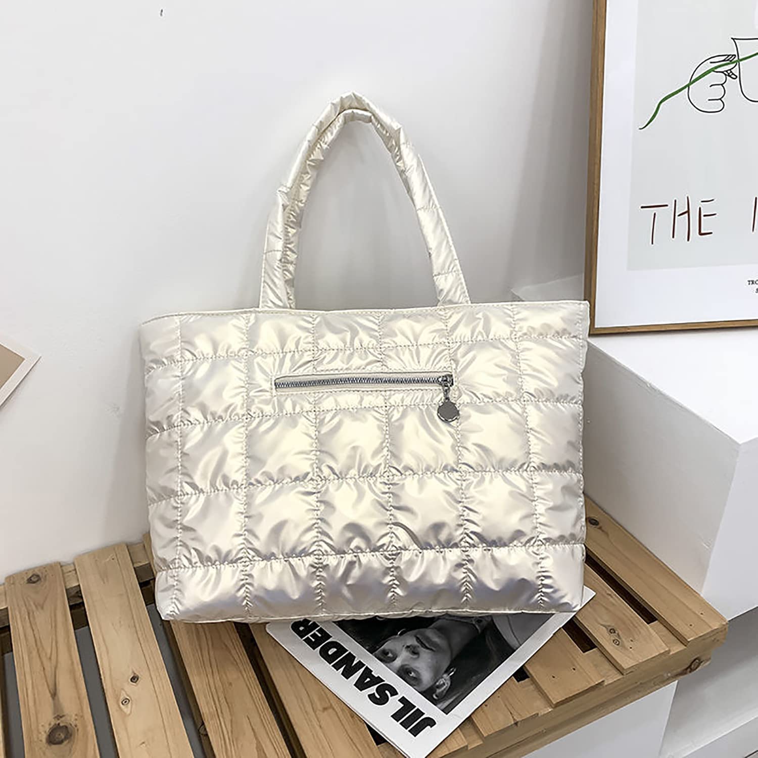 Qvenou Large Puffer Tote Bag for Women Lightweight Quilted Handbag Down Cotton Padded Shoulder Bag Large Capacity Down Padding Tote Bag-Off-white