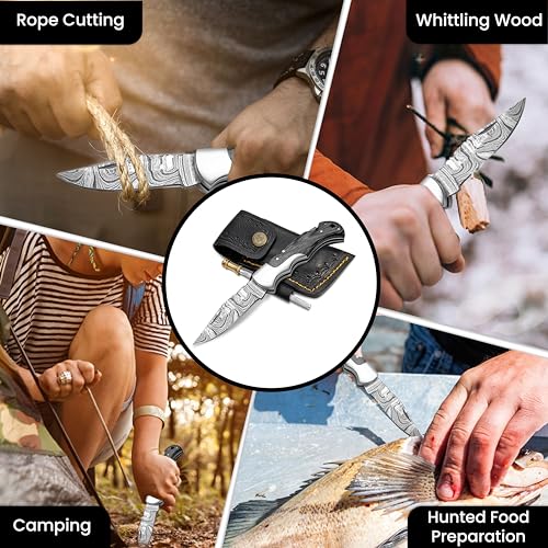 CONECTAX Handmade Damascus Pocket Knife 6.5'' - Sharp Core Folding Knife with Liner Lock - Damascus Knife with Sharpener and Leather Sheath - For Hunting, Outdoor Survival, Camping - Damascus Hunting Knife - Gift for Men, Husband, Boyfriend