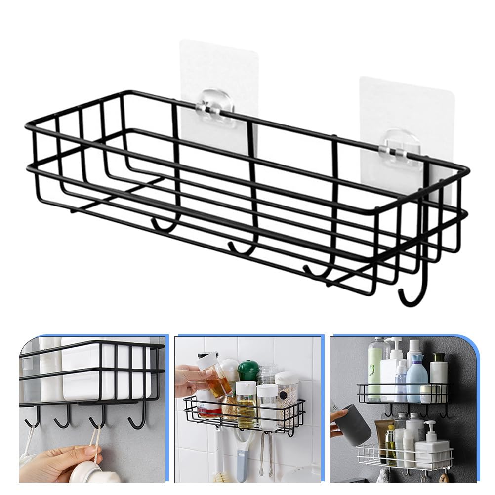 DOITOOL Self Adhesive Bathroom Shelf with Hooks, Shower Organizer Metal Shower Rack Bathroom Storage Basket, Kitchen Organization and Bathroom Storage
