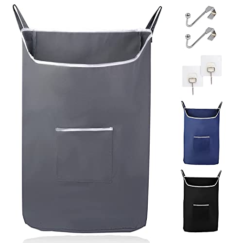The Fine Living Co. X-Large Hanging Laundry Hamper with Over Door Hooks & Adhesive, Durable Space Saving Laundry Bag with Zipper and Wide Open Top, Hanging Dorm Laundry Hamper 20"x3.38"x30" (Grey-XL)