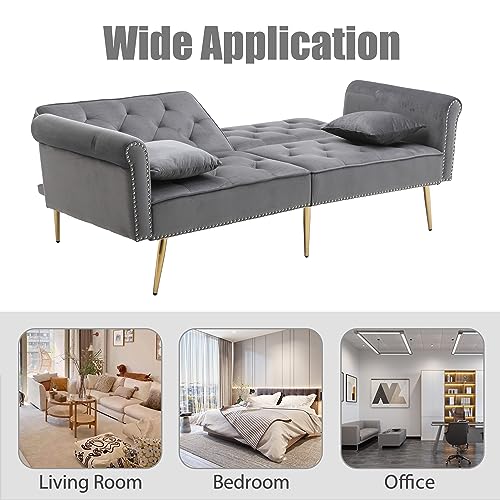 civama Futon Sofa Bed, Velvet 76" Twin Size Couch with 2 Pillows, Convertible 3-Seater 3 Adjustable Angle Tufted Sleeper with Nailhead Trim, Golden Metal Legs Folding Futon for Living Space, Gray
