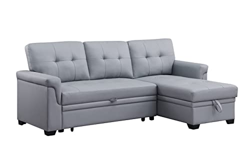 Eafurn L Shaped Convertible Sleeper Sofa with Reversible Chaise,3 in 1 Pull Out Couch Bed with Storage,Upholstered Fabric Sectional Corner Sofa & Couches Sofabed, Gray Leather