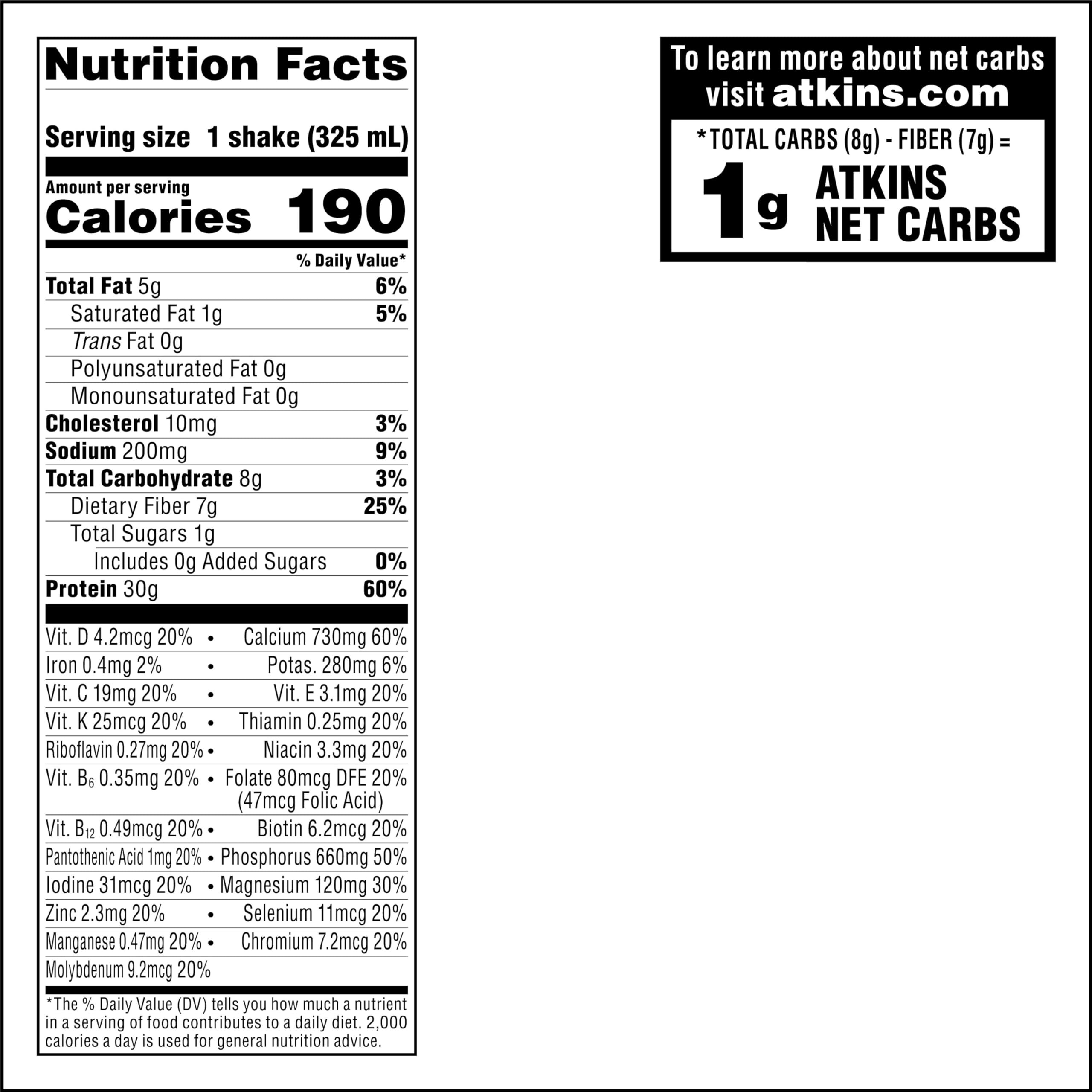 Atkins Creamy Vanilla PLUS Protein Shake, 30g Protein, 7g Fiber, 1g Net Carb, 1g Sugar, Keto Friendly, Low Carb, High Protein Drink, 12 Count