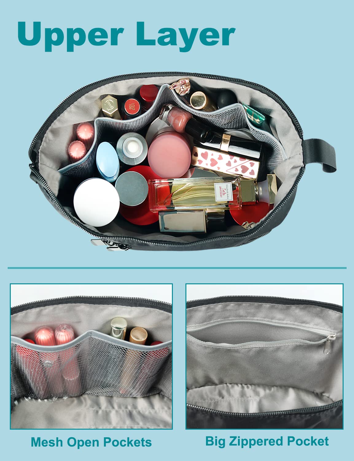 besharppin Double Layer Cosmetic Bag, Large Capacity Makeup Pouch with Brush Holder for Travel Diaper Bag (Black)