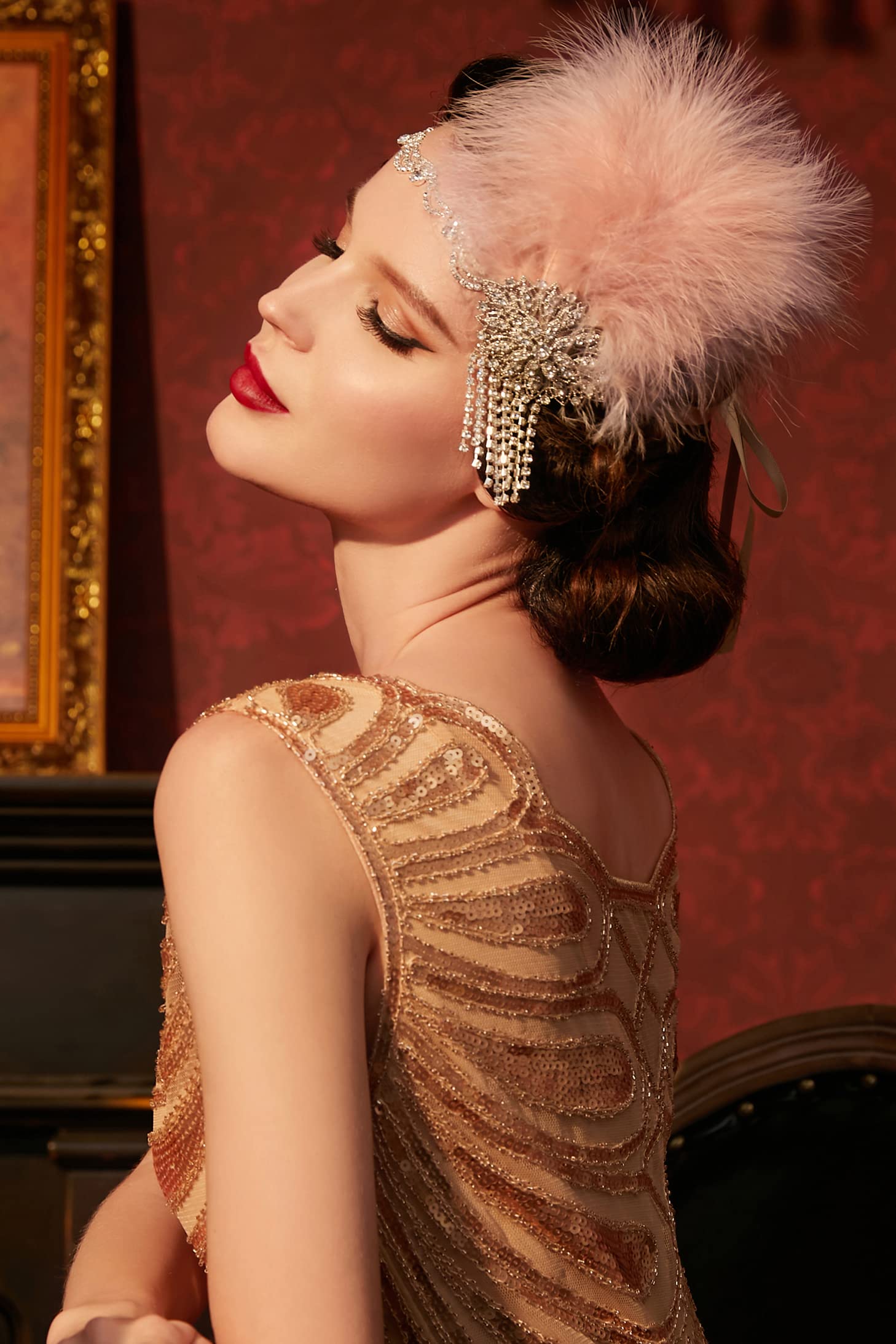 BABEYOND 1920s Flapper Headband Great Gatsby Headpiece with Feather 1920s Flapper Gatsby Hair Accessories Feather Headband (Pink)