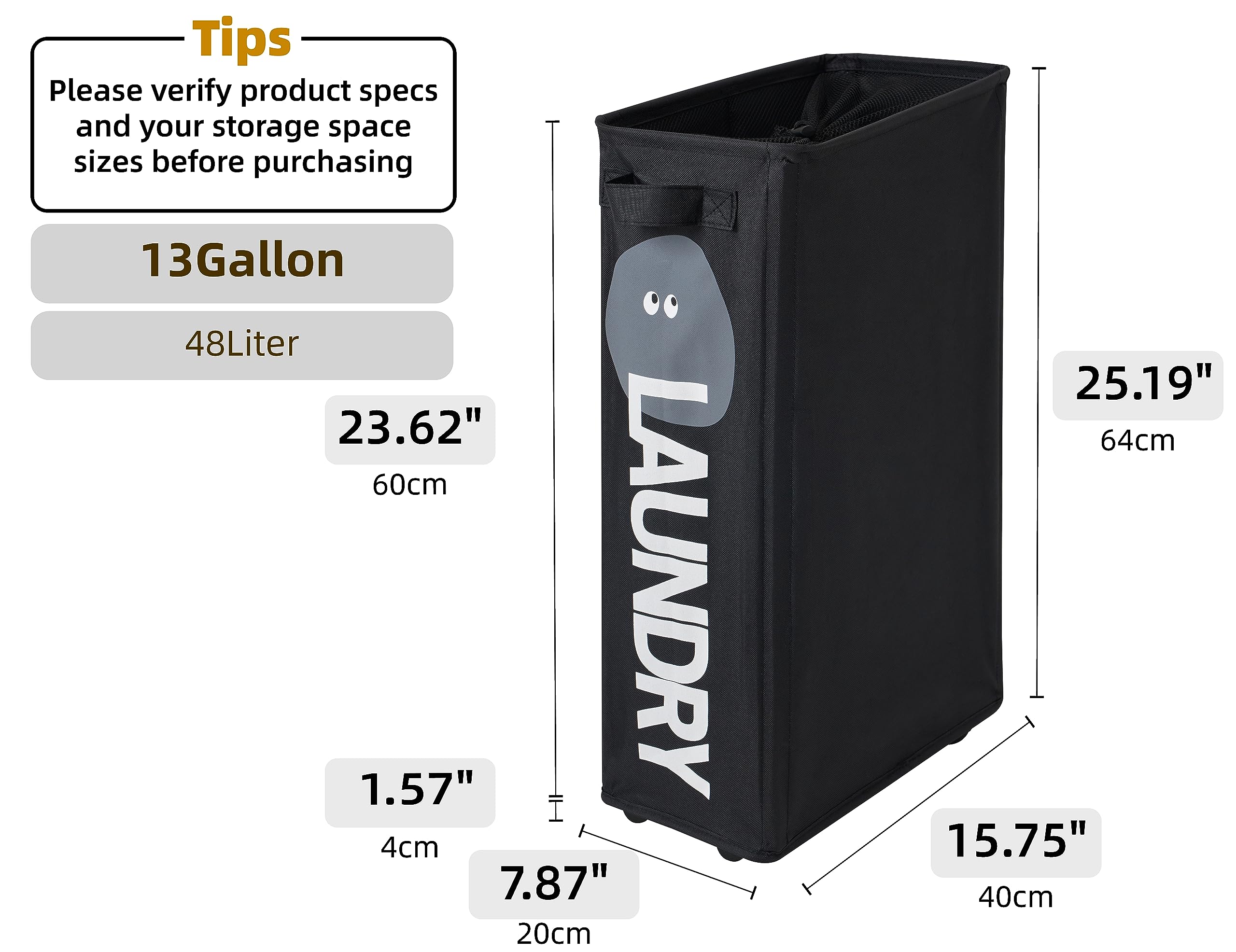 ECOWAN LIVING Laundry Basket with Wheels, Narrow Thin Tall Rolling Collapsible Foldable Laundry Hamper, Waterproof Corner Dirty Clothes Laundry Bin, Handle on Both Side, 48L (Slim/13Gal, Black)