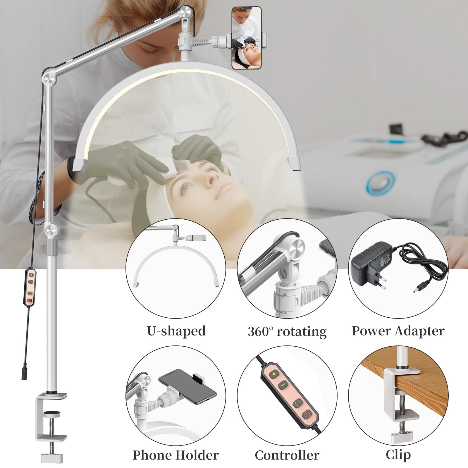 Beautycity Half Moon Lash Light for Eyelash Extensions, Half Moon Lash Lamp with Phone Holder for Makeup, Nail, Facial, Tattoo - Dimmable Eyelash Lamp & Color Temperature 3000K-6000K