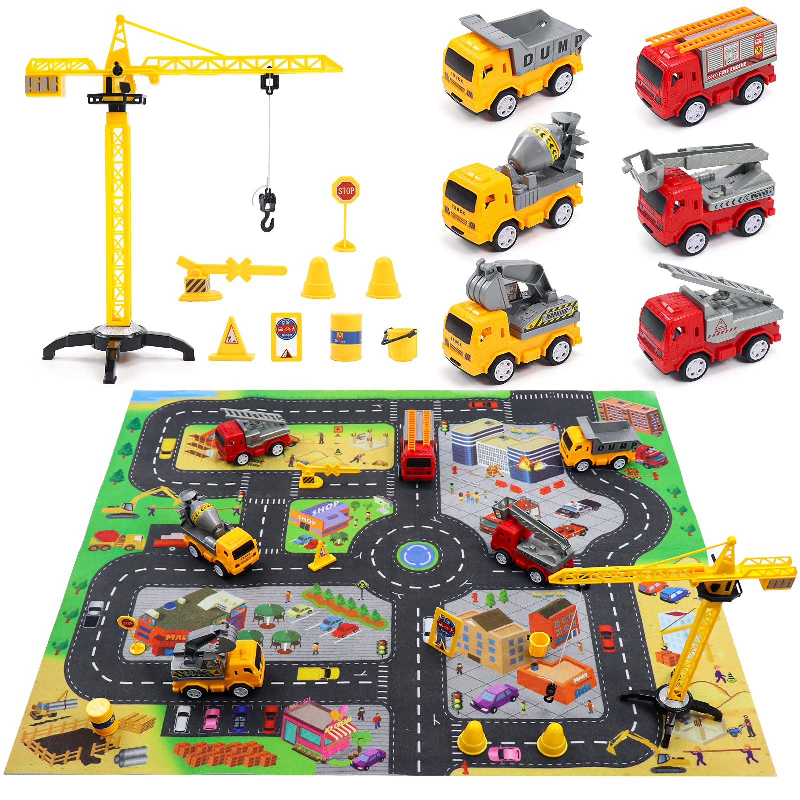 Nuheby Construction Toys for 3 Year Old Boys, Pull Back Cars Toys with Play Mat Excavator Toy Trucks Toddler Toys for Kids Age 4 5 Year Old Boy Birthday Party Cake Toppers Crane Fire Dump Gifts