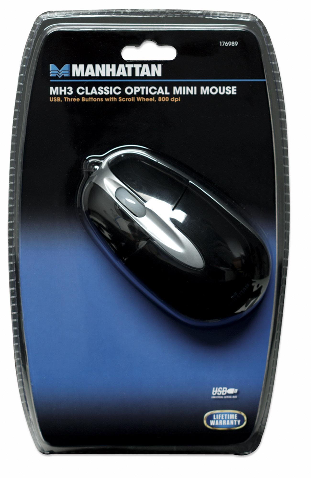 Manhattan, USB MH3 Classic Optical Mouse with Three Buttons and Scroll Wheel, 800 dpi