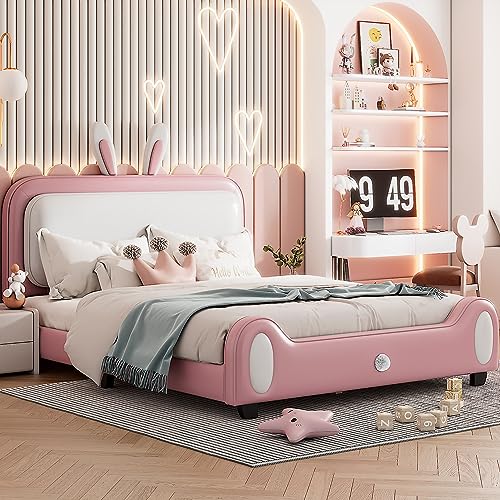 CJLMN Upholstered Rabbit Shaped Princess Bed Pink Platform Bed, Full Size Wood Bed Frame with Bunny Ears Headboard and Bunny Tail Footboard, Kids Bedroom Furniture Fun Cute Rabbit Bed