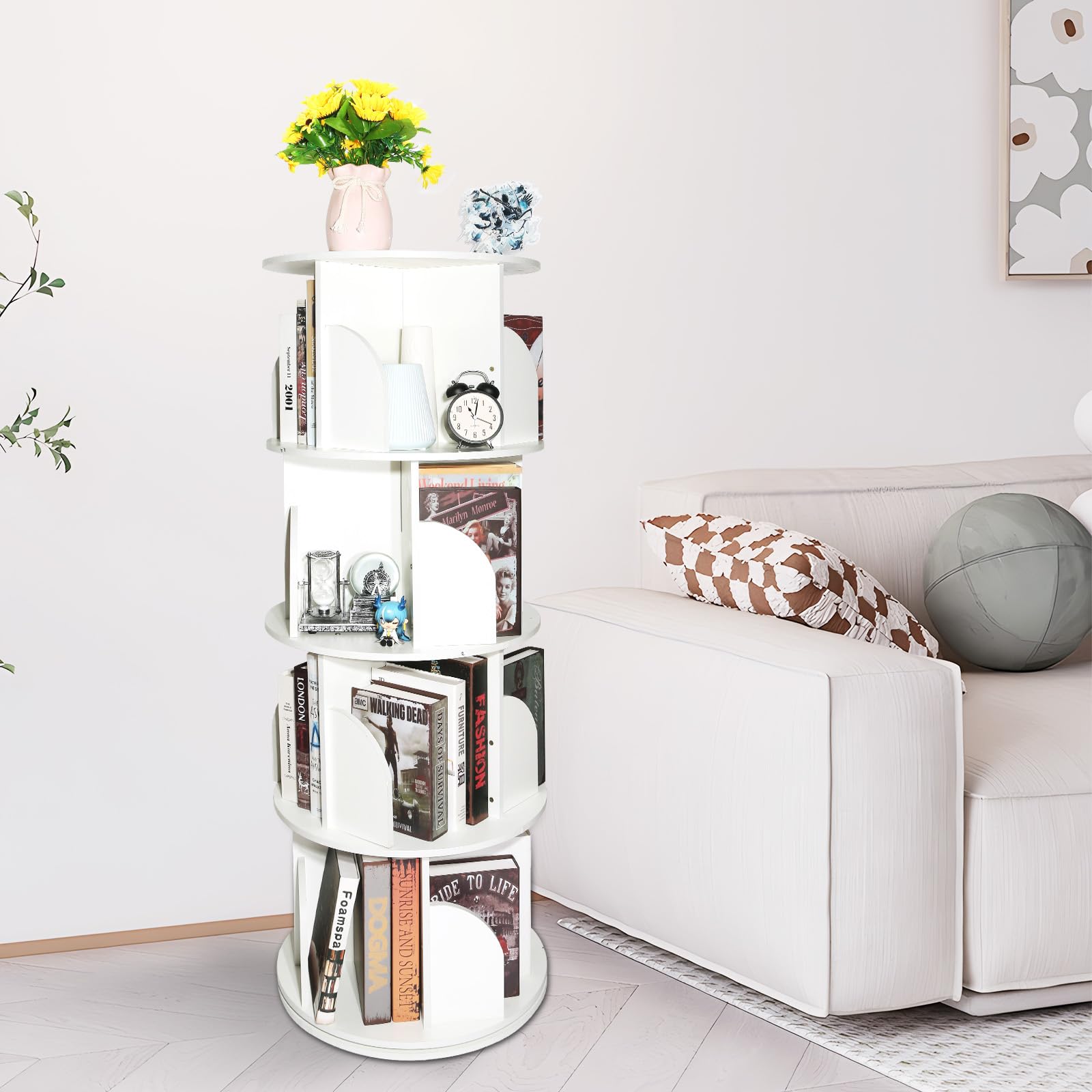 BEICNWOD Rotating Bookshelf,4 Tier 360° Revolving Bookcase,Small Corner Bookshelf for Small Space, Stackable Bookshelf Organizer, Display Cabinet for Office Home Living Room,White (White)