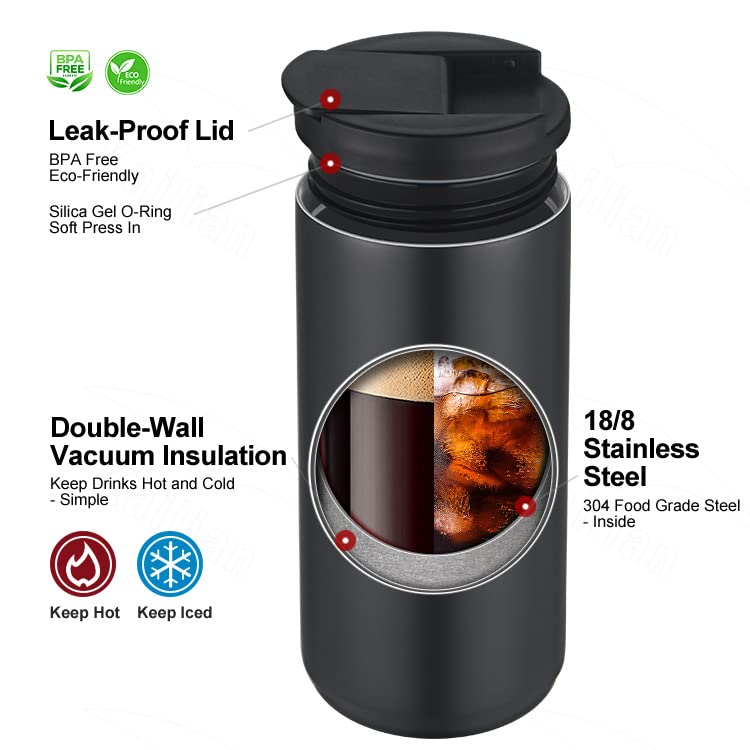 Coffe Cup Thermos for Hot Drinks stainless steel hot and cold white thermos that fits in cup holder 13.5oz/400ml (Black)