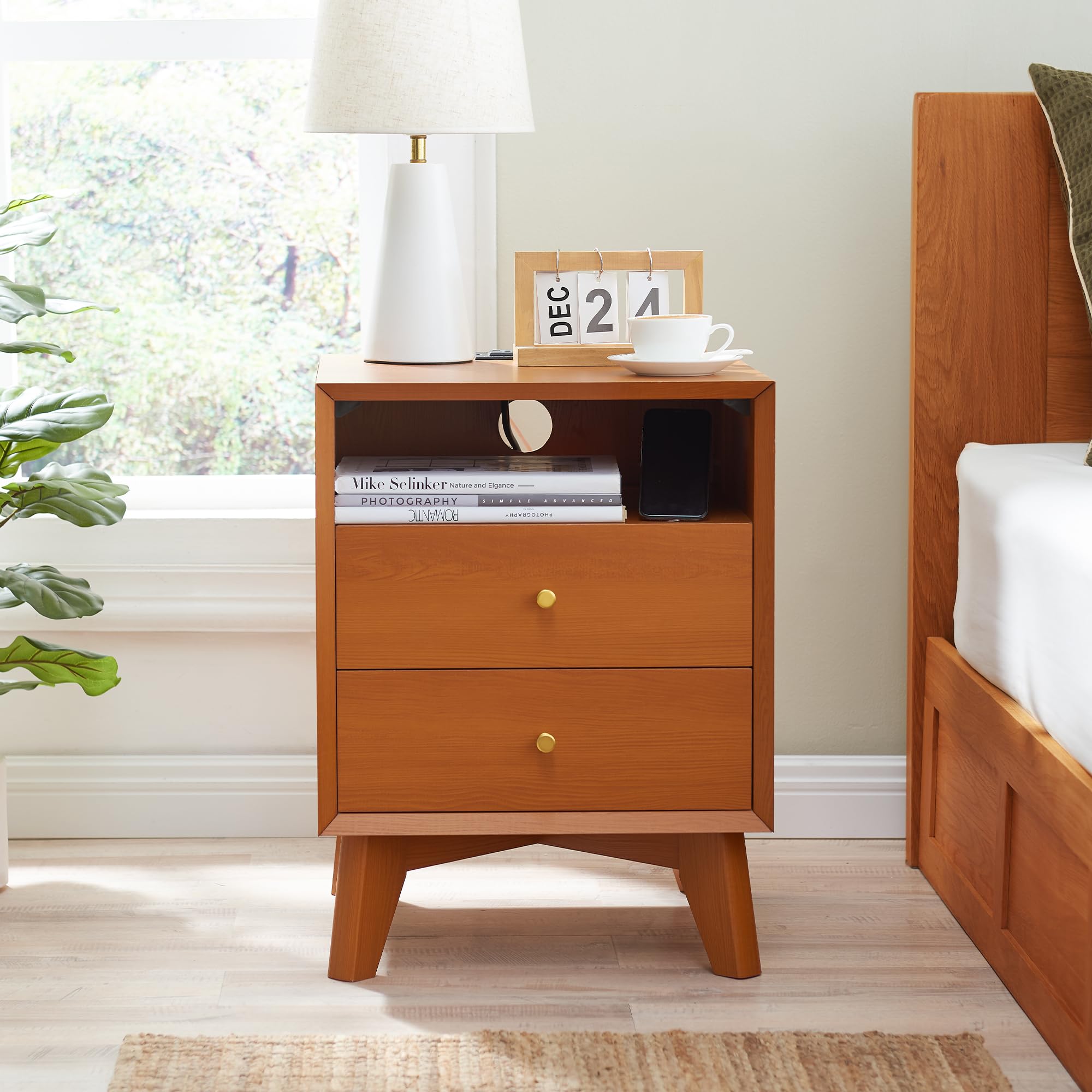 T4TREAM Nightstand with Charging Station, 18" Mid Century Modern Side Table, 2 Drawer Dresser, End Table w/Storage, Bedside Table for Bedroom, Living Room, Beveled Profile Design, Natural Oak