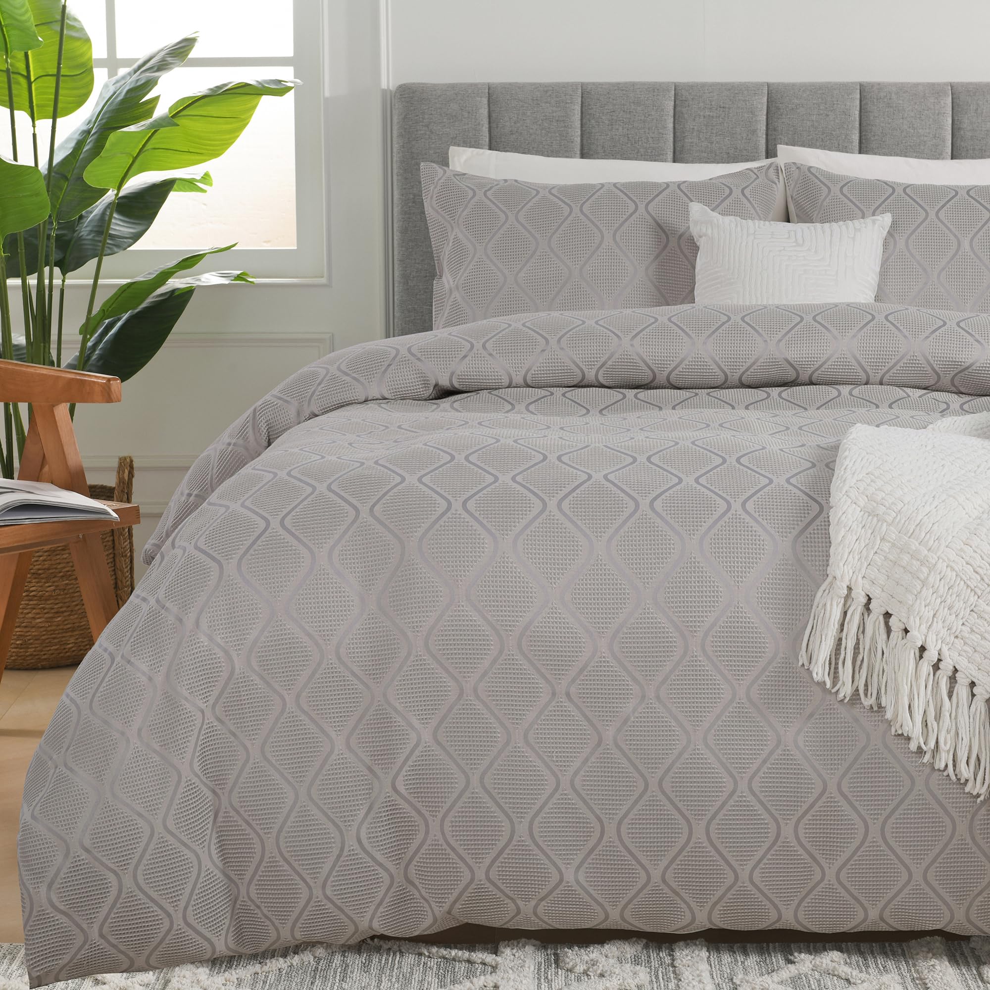 NORTH HOME Cotton Waffle Duvet Cover King Size, Decorative Boho Comforter Cover with Corner Ties,3 Pieces Bedding Duvet Covers for All Season, Grey
