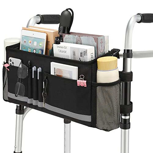 EXLIFBAG Walker Basket, Folding Walker Bag with Cup Holder, Walker Accessories for Seniors, Black