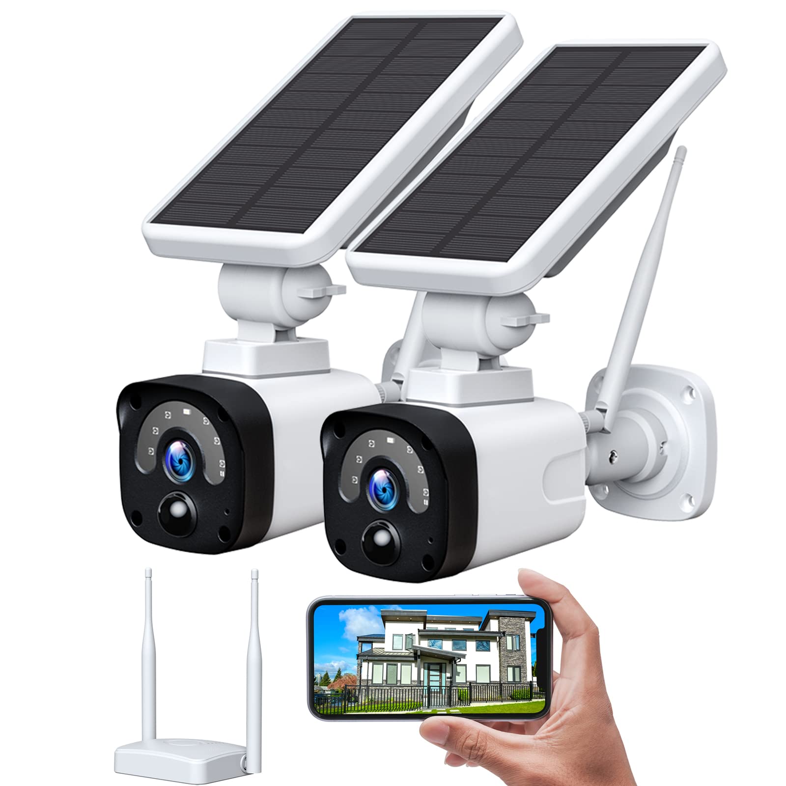 CAMBLINK 2.5K Metal Housing, Solar Wireless Security Camera System Home Outdoor Indoor, 2PCS, Wireless Base Station, Night Vision, Motion Detection, 2-Way Audio, APP Remote, IP65 Waterproof