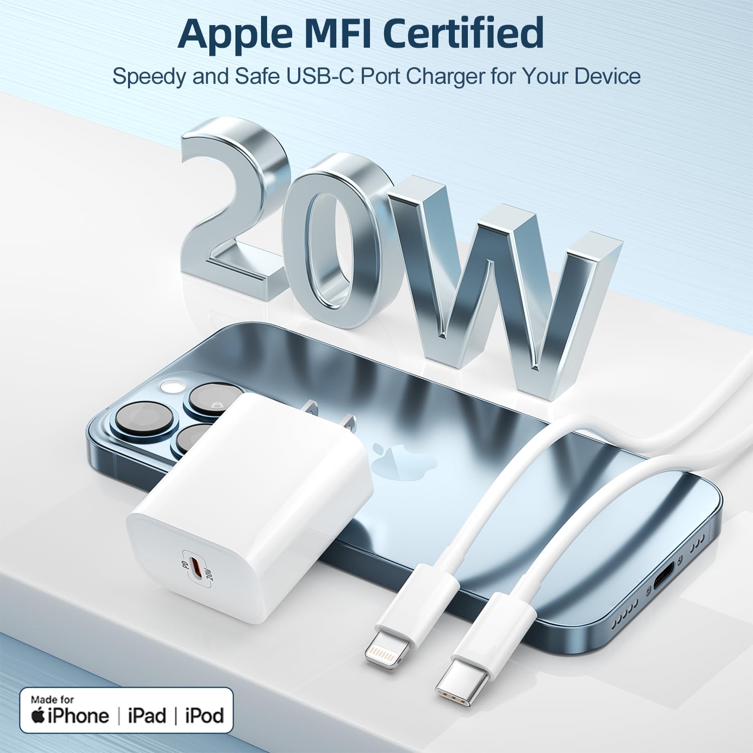 Bkayp iPhone Charger [Apple MFi Certified] 20W PD USB-C Fast Charging Power Adapter with 6FT USB-C to Lightning Cable Compatible with iPhone 14 13 12 11 Pro Max Mini Plus, XR XS X 8 and More